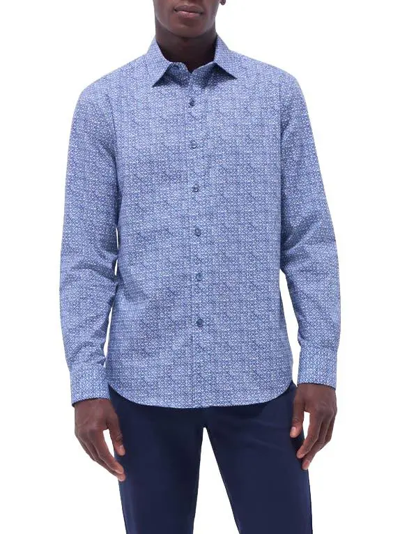 Bugatchi Axel Ogee Print Shaped Fit Stretch Cotton Button-up Shirt - Steel