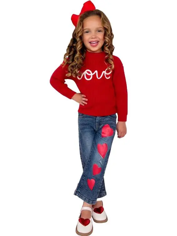 MIA BELLE GIRLS Love Sweater And Heart Denim Pant Set - Red