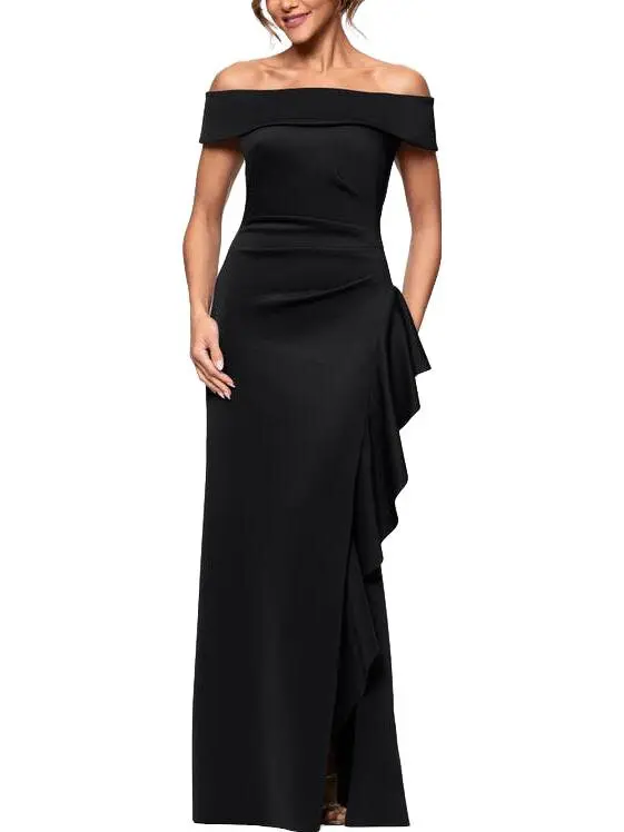 XSCAPE EVENINGS Ruffle Off-the-shoulder Scuba Knit Gown - Black
