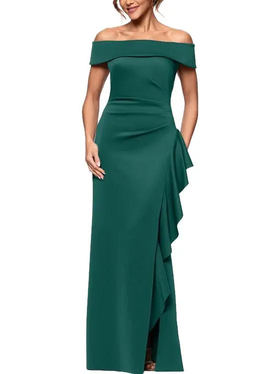 XSCAPE EVENINGS Ruffle Off-the-shoulder Scuba Knit Gown - Hunter