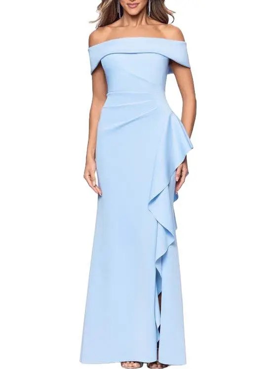 XSCAPE EVENINGS Ruffle Off-the-shoulder Scuba Knit Gown - Light Blue