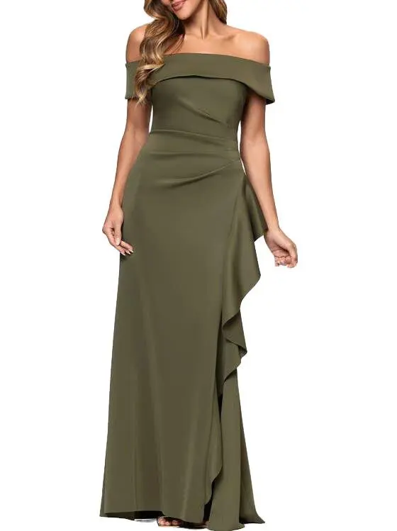 XSCAPE EVENINGS Ruffle Off-the-shoulder Scuba Knit Gown - Olive