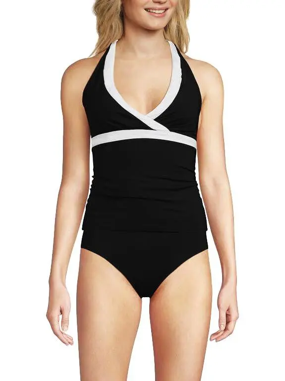 LANDS' END Texture V-neck Halter Tankini Swimsuit Top - Black/white