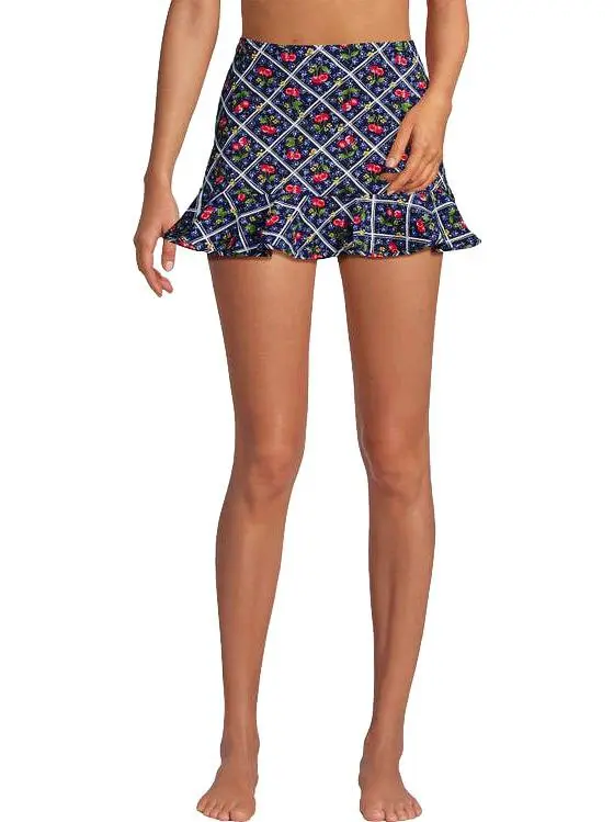 LANDS' END Mini Swim Skirt With Ruffle Hem - Cherries/deep Sea Navy Plaid