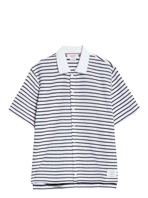 Thom Browne Stripe Short Sleeve Cotton Knit Button-up Shirt - Navy