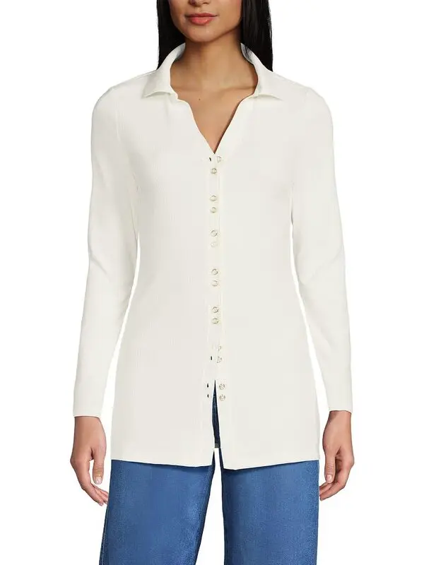 LANDS' END Long Sleeve Ribbed Tunic Shirt - Ivory