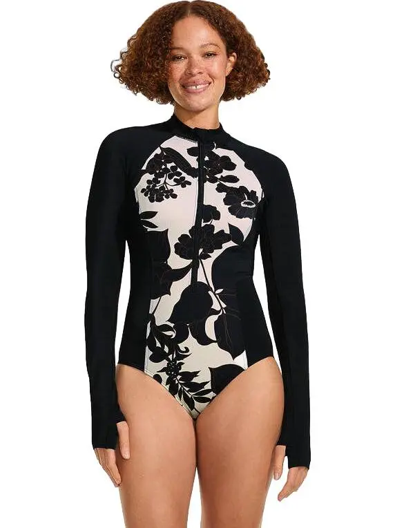 LANDS' END Chlorine Resistant Long Sleeve One Piece Swimsuit - Egret/black Lilies