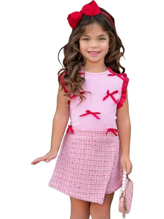 MIA BELLE GIRLS Bow Detail Top And Tweed Skort Set - Pink