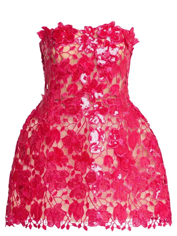 Retrofete Alira Strapless Sequined Lace Mini Dress - Cerise