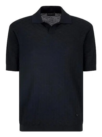Emporio Armani Us Exclusive Woven-effect Virgin-wool Jumper With A Polo-shirt Collar - Blue