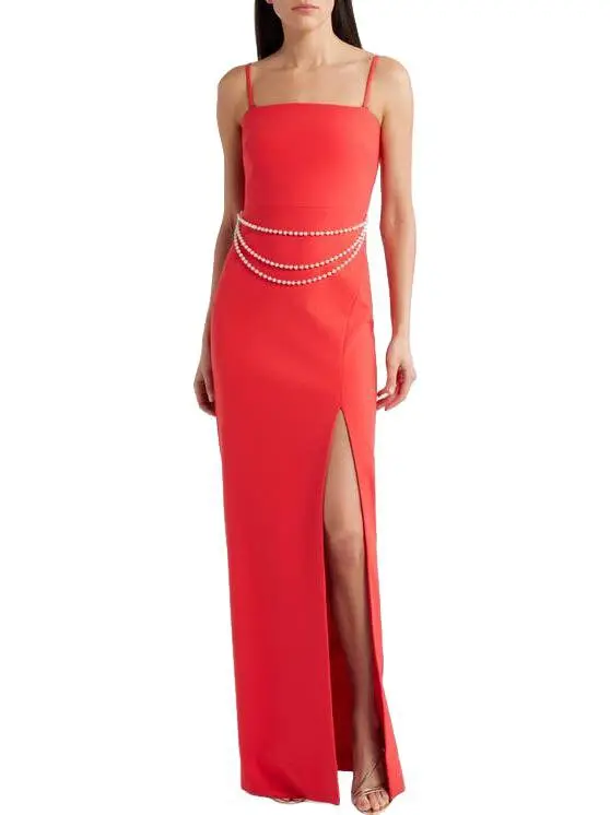 Likely Josie Faux Pearl Belt Detail Column Gown - Bittersweet