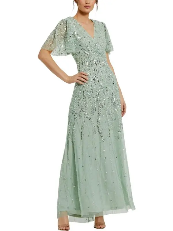 Mac Duggal Embellished Flutter Sleeve Gown - Sage