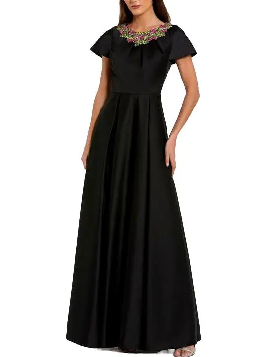 Mac Duggal Satin Beaded Neckline Gown - Black