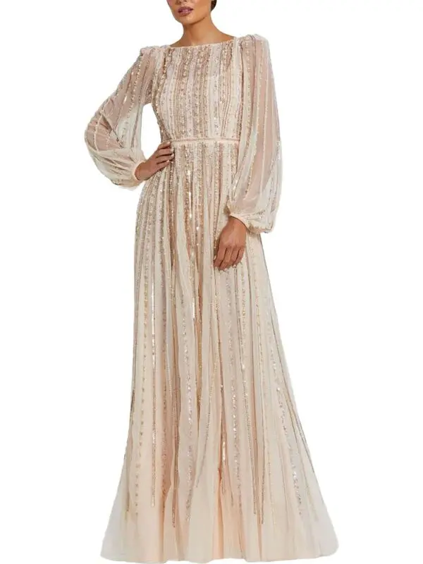 Mac Duggal Embellished Long Sleeve A-line Gown - Peach