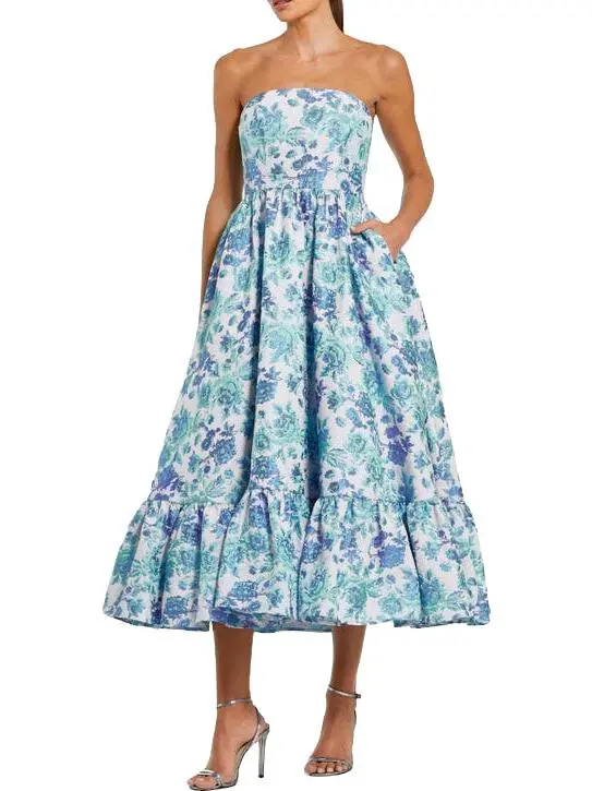 Mac Duggal Floral Brocade Strapless Midi Dress - Blue Multi