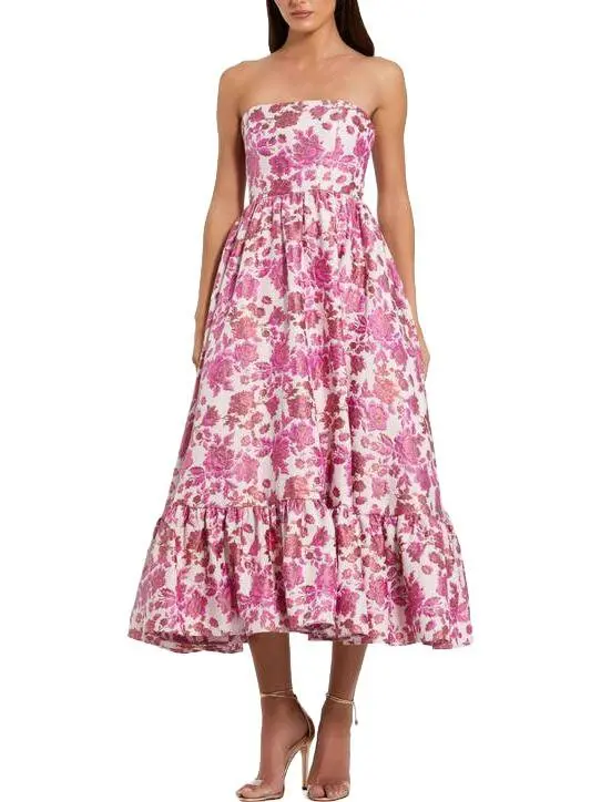 Mac Duggal Floral Brocade Strapless Midi Dress - Pink Multi
