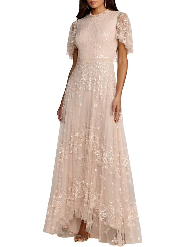 Mac Duggal Sequined High Neck A-line Gown - Blush