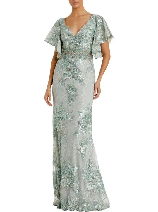 Mac Duggal Bell Sleeve Floral Embellished Gown - Seafoam