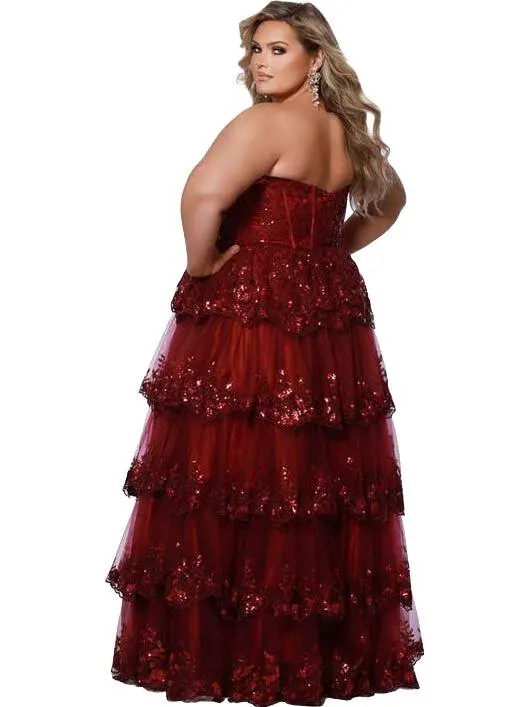 SYDNEY'S CLOSET Sweetheart Neckline Tiered A-line Gown - Burgundy