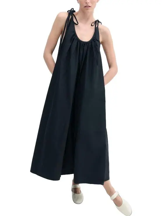 Co Gathered Halter Cotton Poplin Dress - Black