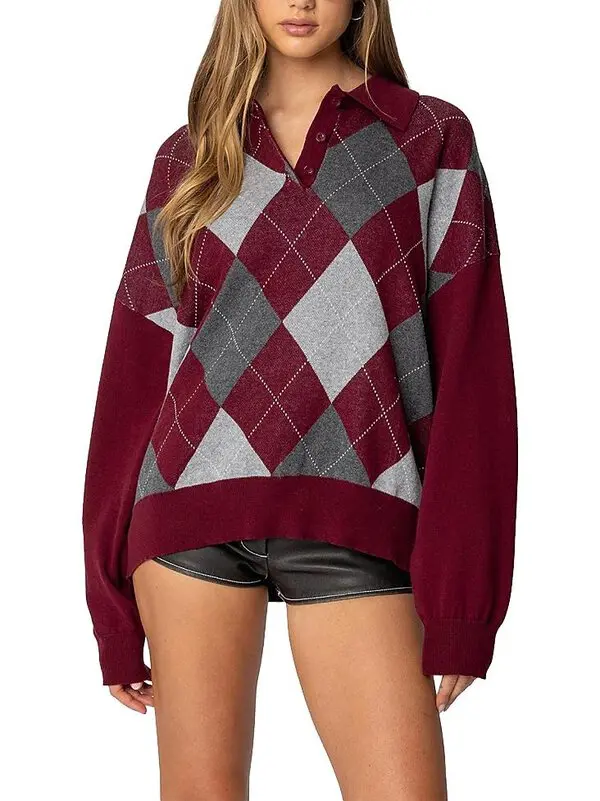EDIKTED Argyle Oversized Polo Sweater - Burgundy