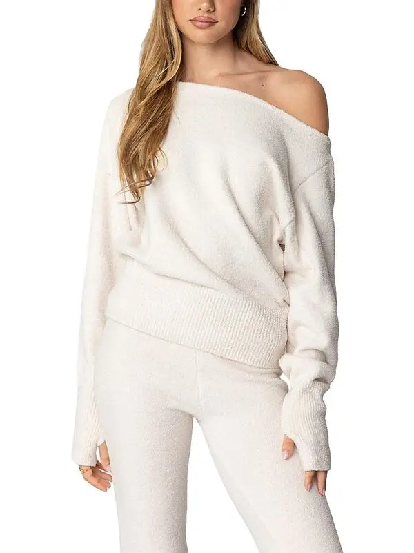 EDIKTED Plush Asymmetric Sweater - Cream