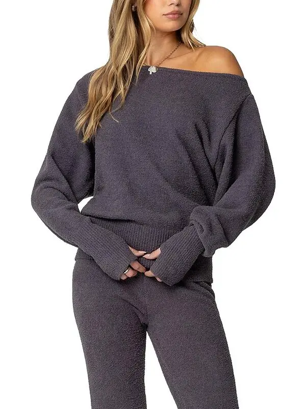 EDIKTED Plush Asymmetric Sweater - Dark-gray