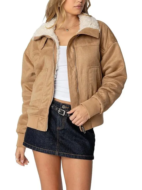 EDIKTED Faux Suede Shearling Bomber Jacket - Tan