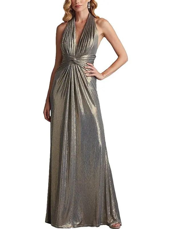Tadashi Shoji Mona Pleated Metallic Halter Gown - Bronze