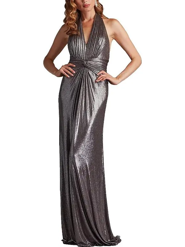 Tadashi Shoji Mona Pleated Metallic Halter Gown - Silver