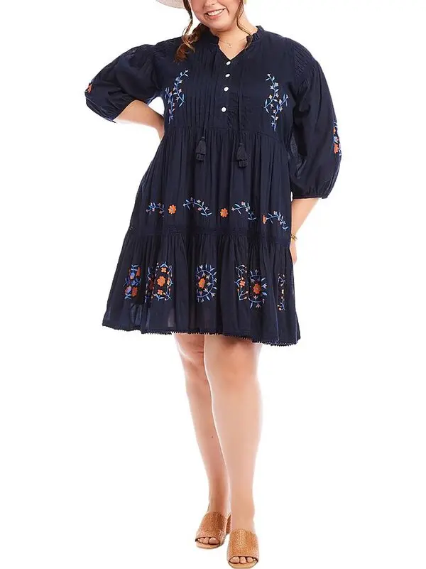 Karen Kane Plus Embroidered Lace Trim Dress - Navy