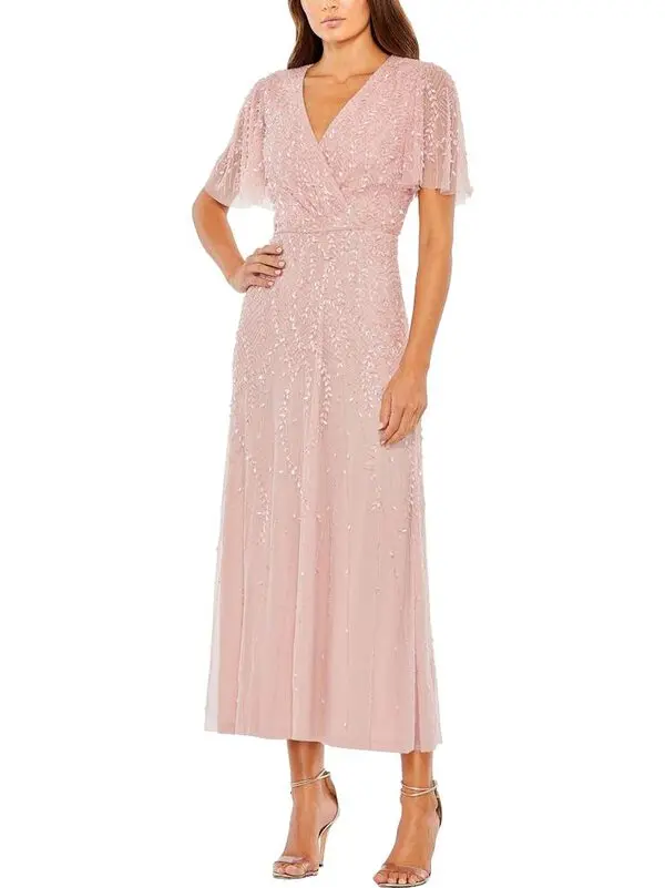 Mac Duggal Beaded Butterfly Sleeve Wrap Dress - Rose
