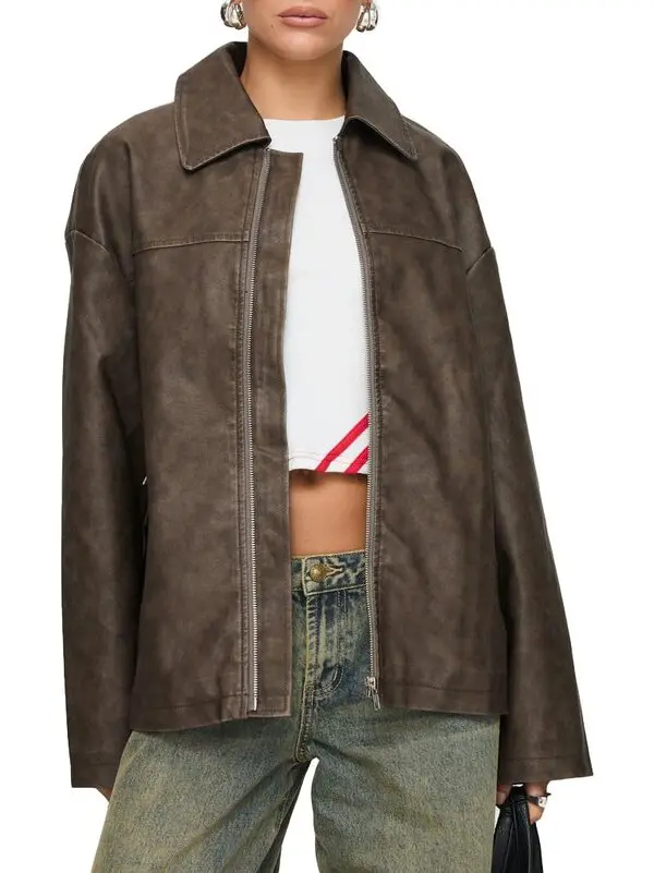 Princess Polly Oversized Faux Leather Jacket - Brown