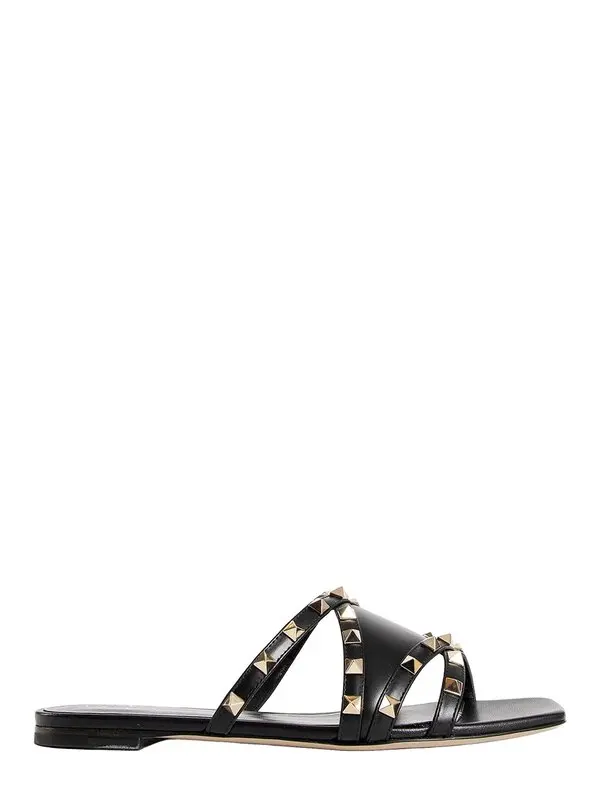 Valentino Garavani Rockstud Leather Flat Sandals - Black