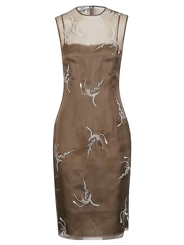 Prada Embroidered Silk Dress - Brown