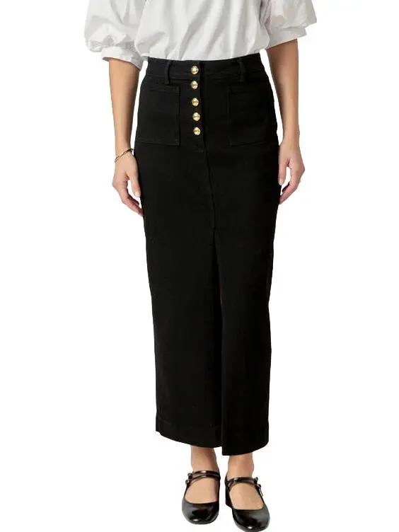English Factory Exposed Button Denim Midi Skirt - Black Denim
