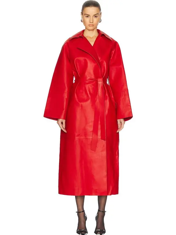 Magda Butrym Long Belted Leather Coat - Red