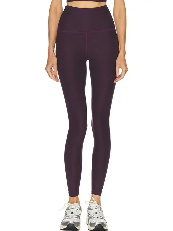 Beyond Yoga Spacedye Raised The Barre Shirred Legging In Purple - Eggplant Purple Heather