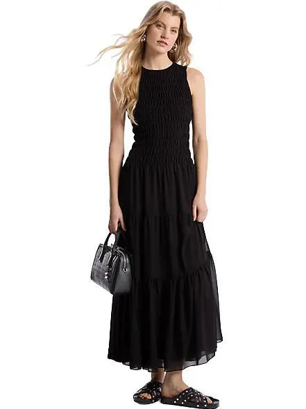 Michael Kors Smocked Georgette Tank Dress - Black