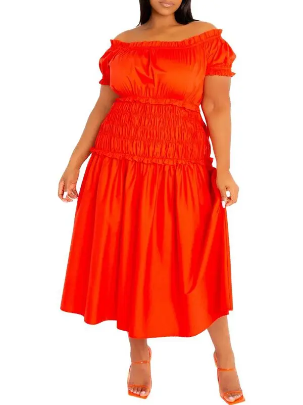 BUXOM COUTURE Off-the-shoulder Midi Fit-and-flare Dress - Orange