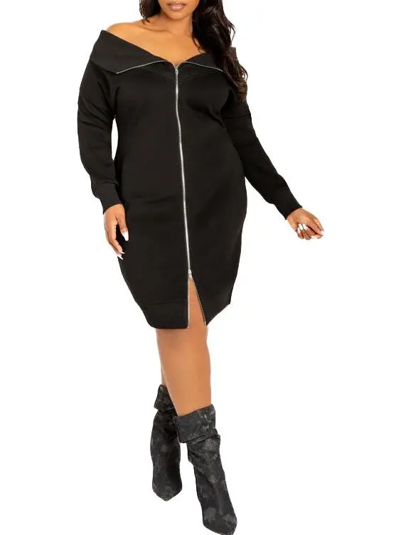 BUXOM COUTURE Off-the-shoulder Zip-up Sweater Dress - Black