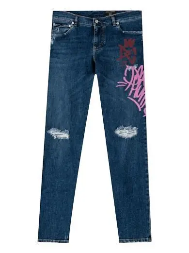 Dolce & Gabbana Distressed Graffiti-printed Skinny Jeans - Blue