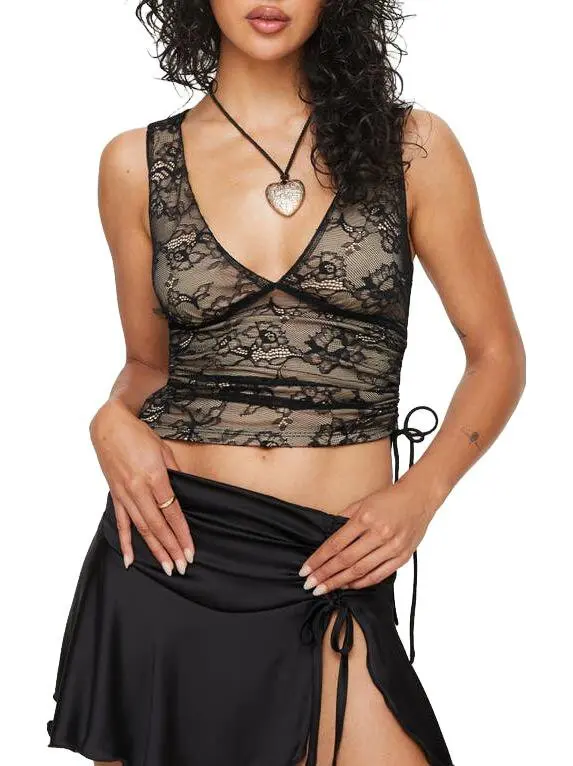 Princess Polly Truth Ruched Lace Crop Tank - Black