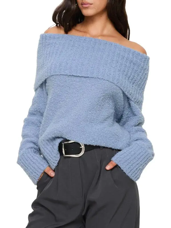 Princess Polly Parkley Off-the-shoulder Bouclé Sweater - Blue