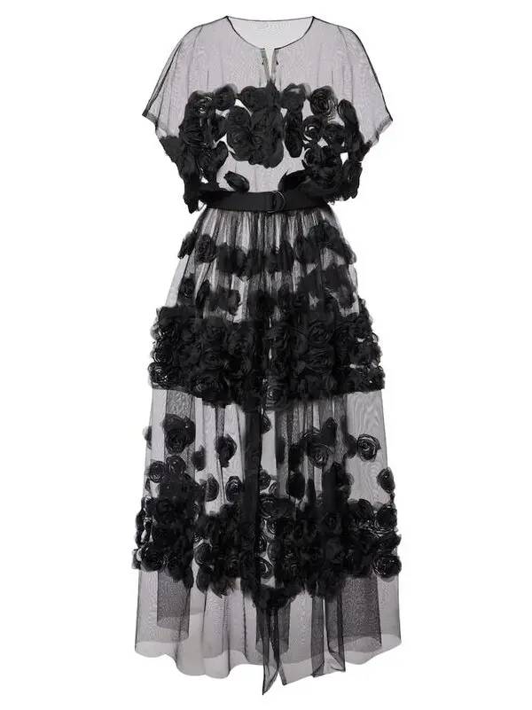 Norma Kamali Floral-appliqué Tulle Midi Dress - Black