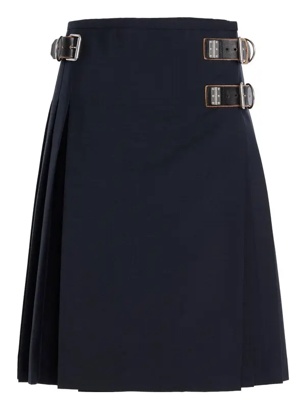 Prada Belted Pleated Wool-blend Midi Skirt - Blue