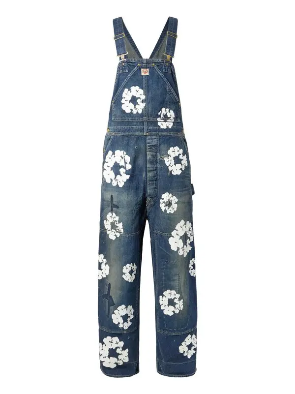 SAINT MXXXXXX Denim Tears Distressed Patchwork Floral-print Denim Overalls - Blue