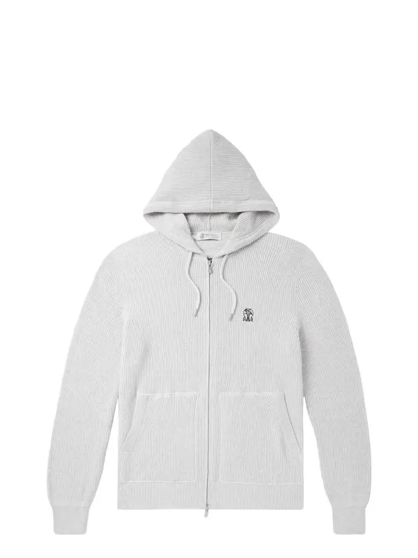 Brunello Cucinelli Logo-embroidered Ribbed Cotton Zip-up Hoodie - Gray