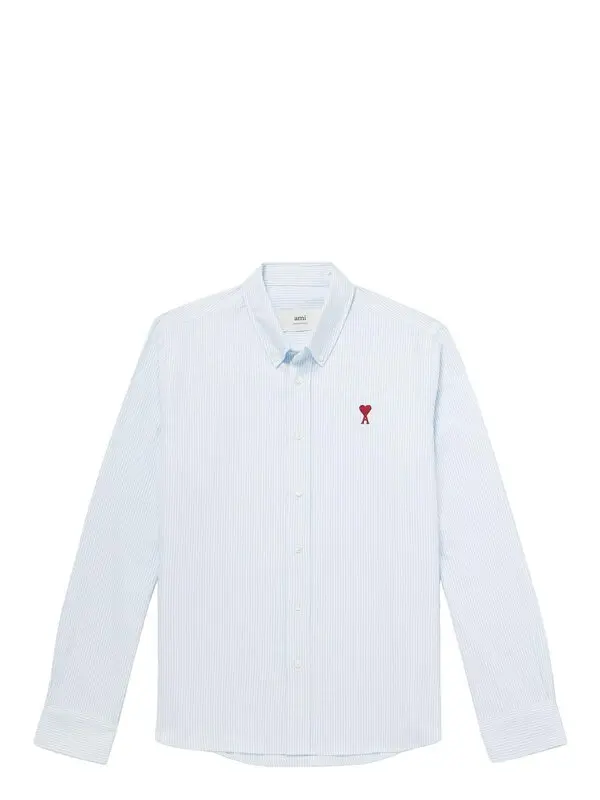 Ami Adc Button-down Collar Logo-embroidered Striped Cotton Oxford Shirt - Blue