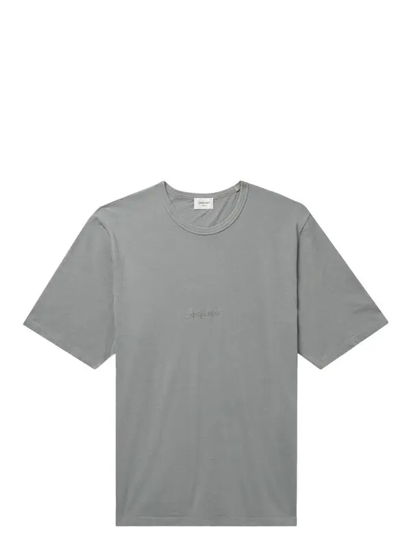 Saint Laurent Logo-embroidered Cotton-jersey T-shirt - Gray